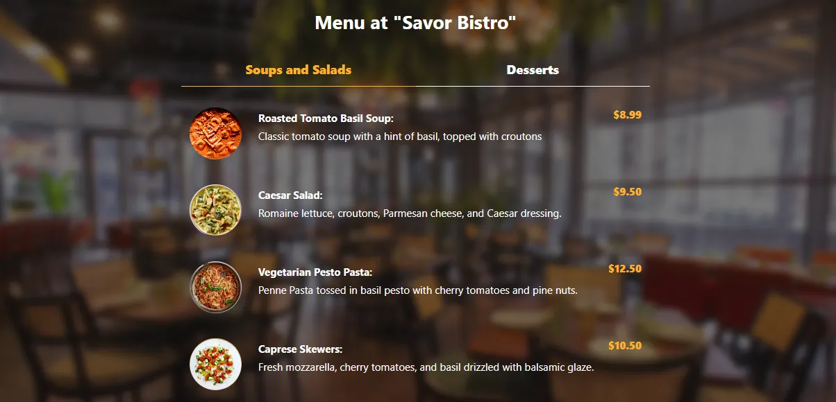 Interactive Restaurant Menu Widget